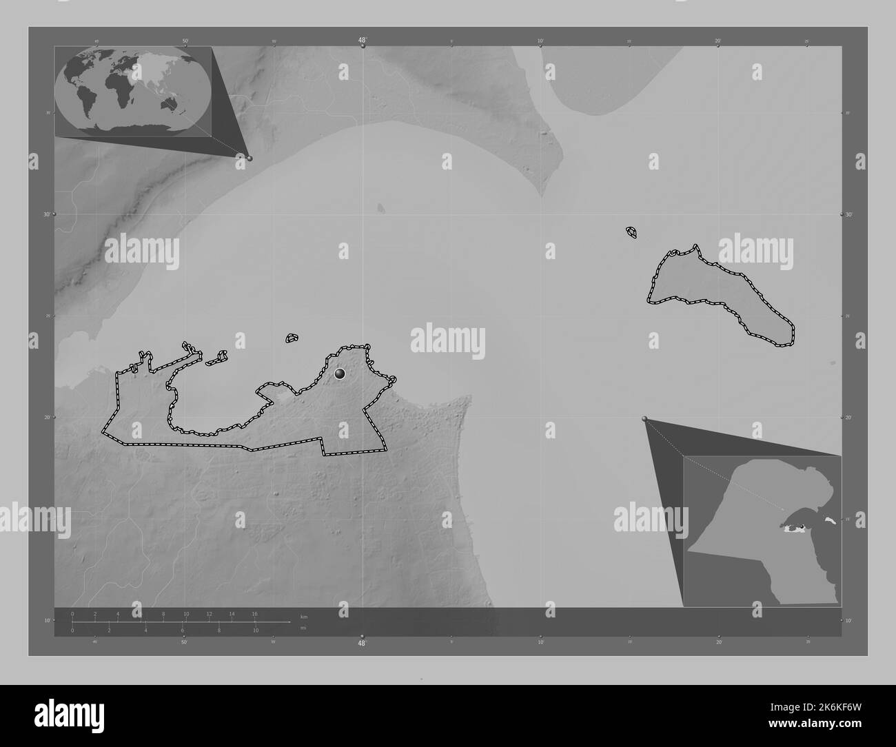 Al Asimah, province of Kuwait. Grayscale elevation map with lakes and ...