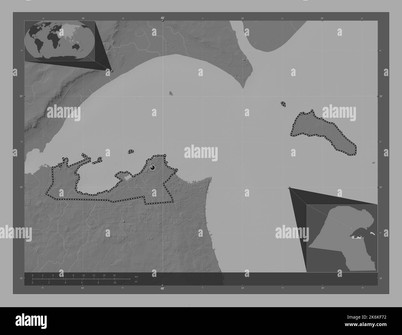 Al Asimah, province of Kuwait. Bilevel elevation map with lakes and ...