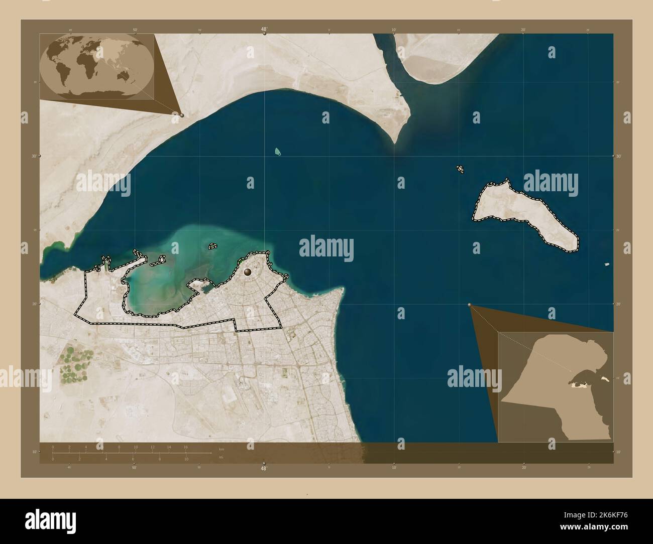 Al Asimah, province of Kuwait. Low resolution satellite map. Corner ...
