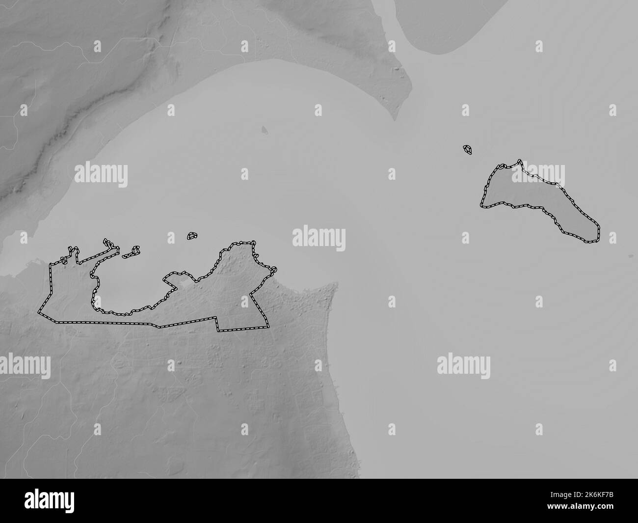 Al Asimah, province of Kuwait. Grayscale elevation map with lakes and ...