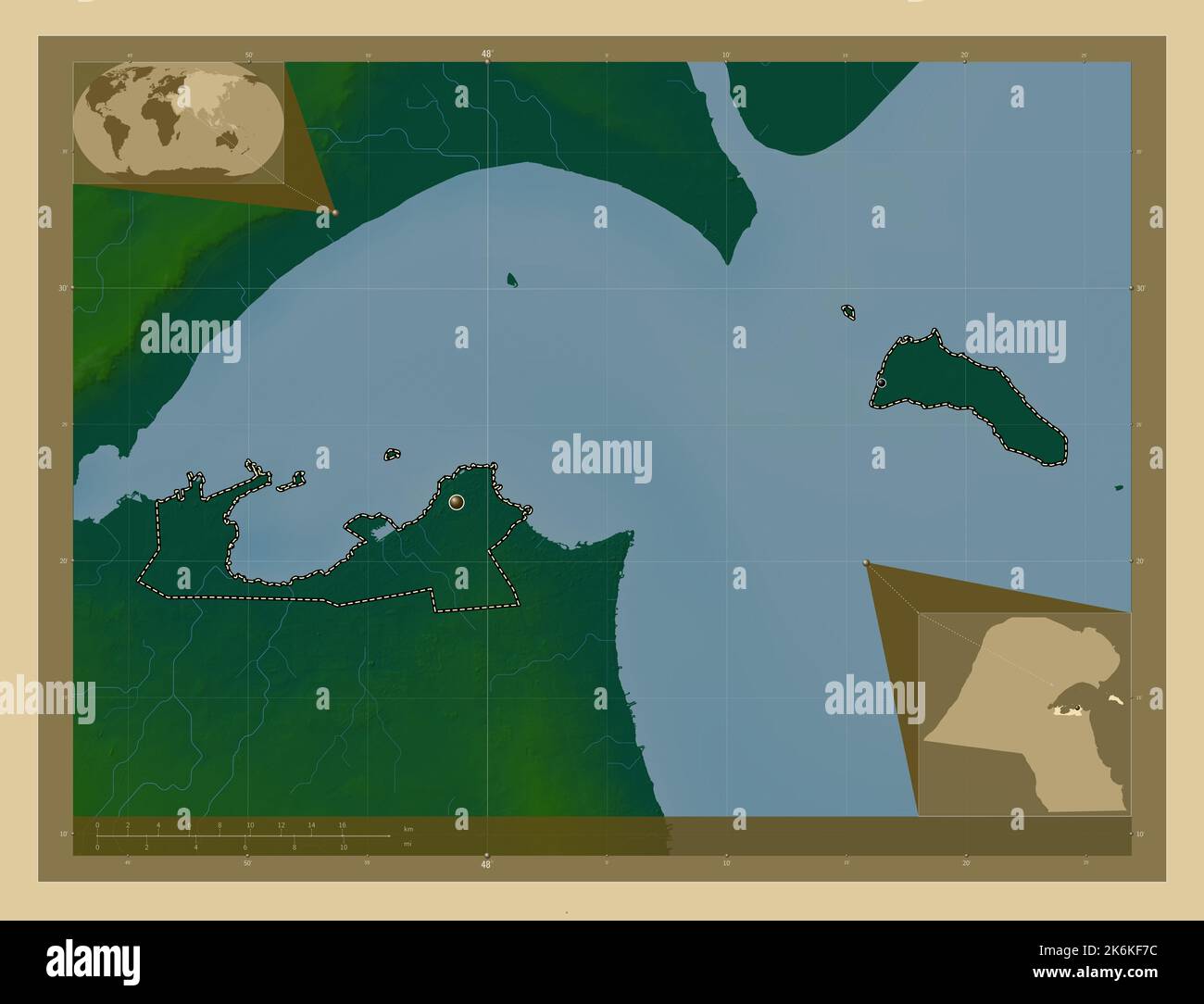 Al Asimah, province of Kuwait. Colored elevation map with lakes and ...