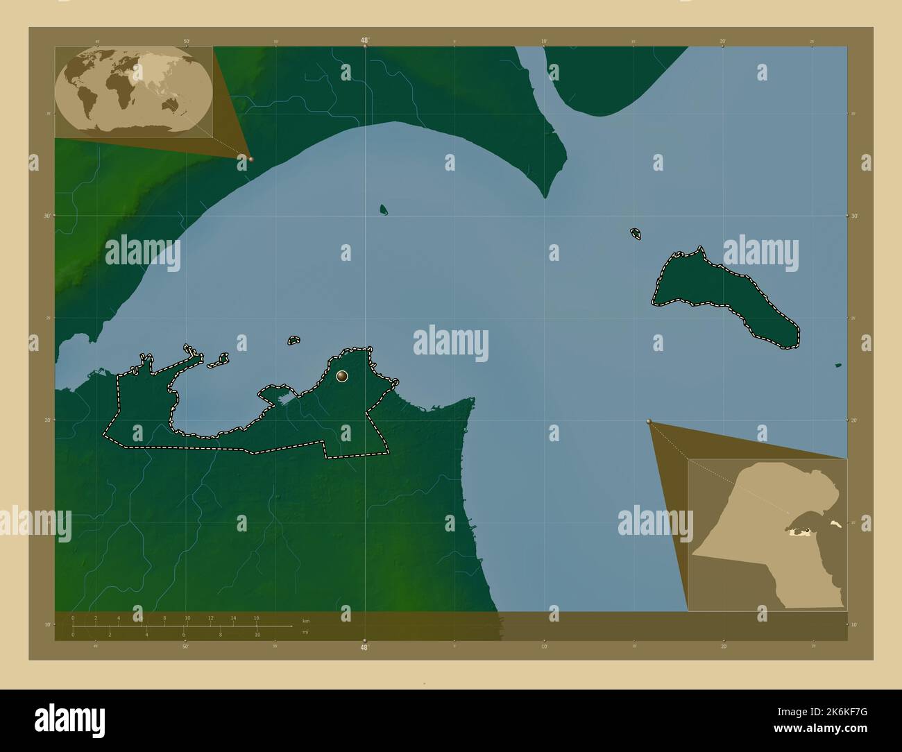 Al Asimah, province of Kuwait. Colored elevation map with lakes and ...