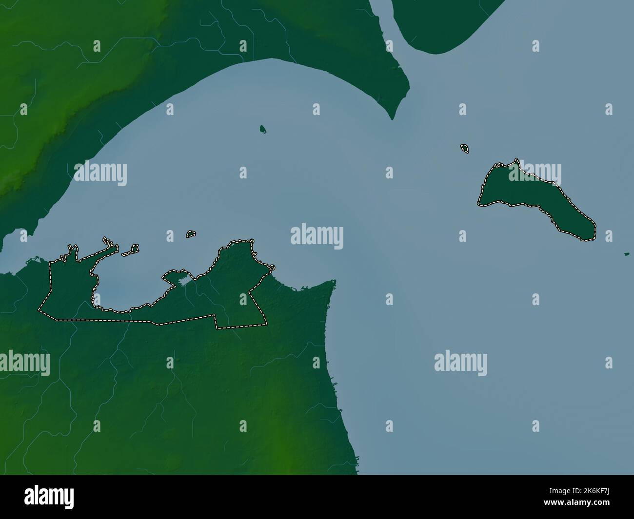 Al Asimah, province of Kuwait. Colored elevation map with lakes and ...