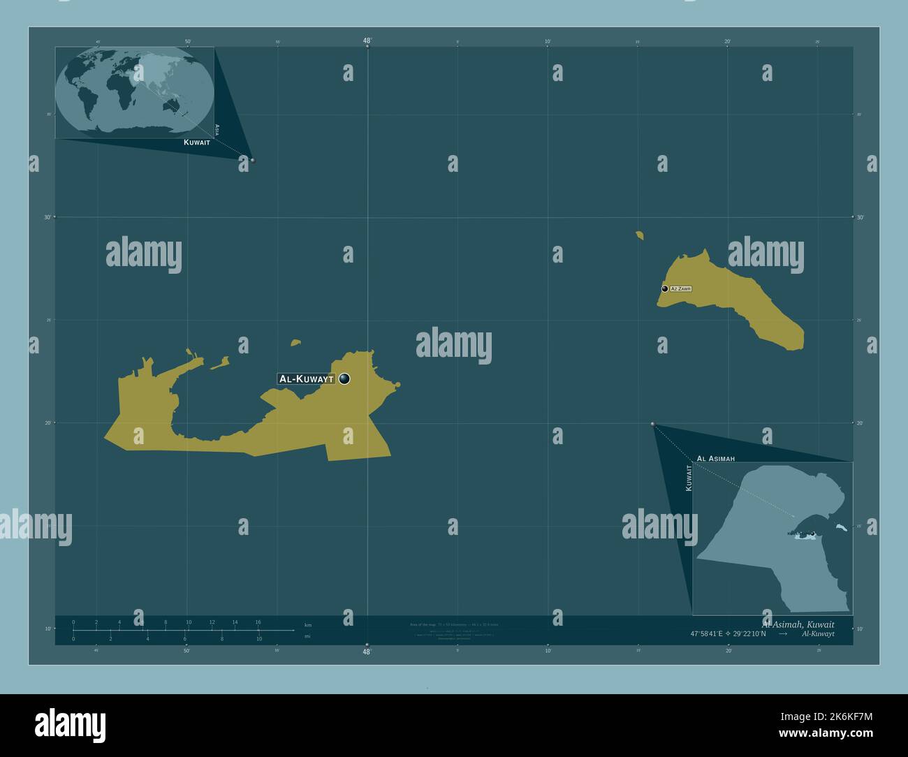 Al Asimah, province of Kuwait. Solid color shape. Locations and names ...