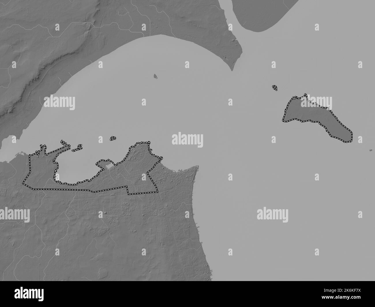 Al Asimah, province of Kuwait. Bilevel elevation map with lakes and ...
