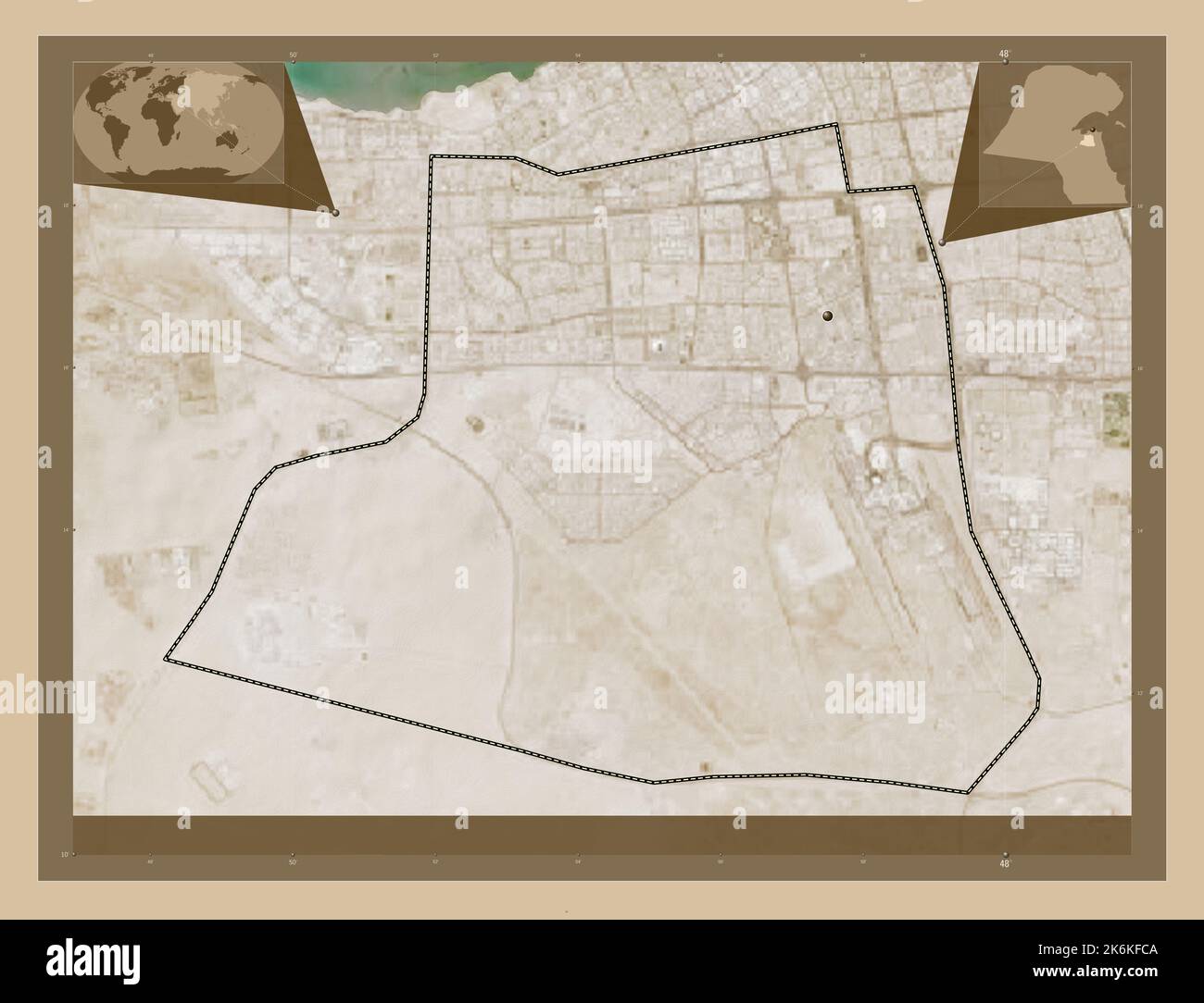 Al Farwaniyah, province of Kuwait. Low resolution satellite map. Corner ...