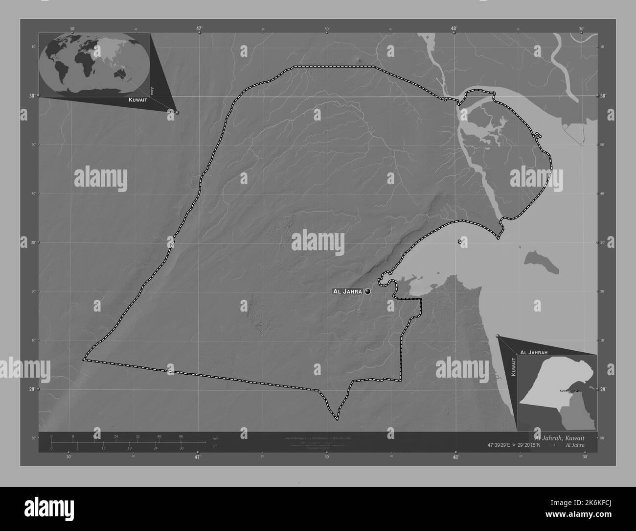 Al Jahrah, province of Kuwait. Bilevel elevation map with lakes and ...