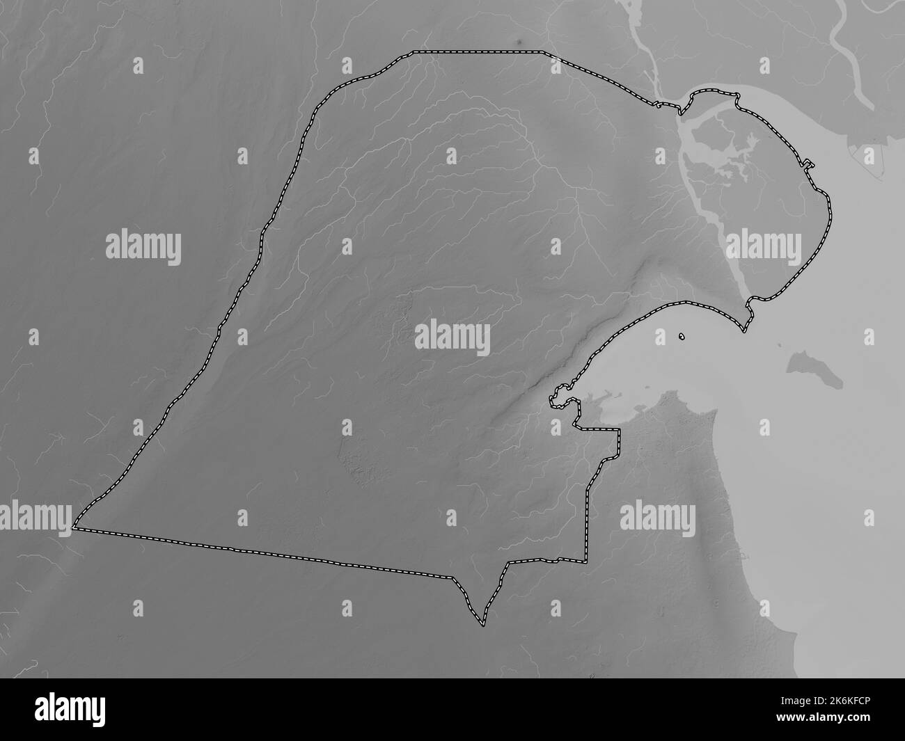 Al Jahrah, province of Kuwait. Grayscale elevation map with lakes and ...