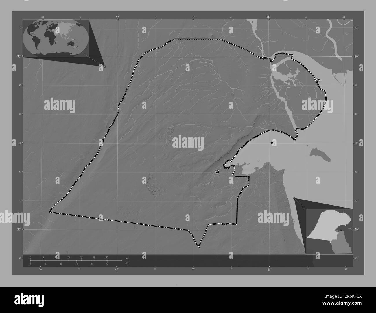Al Jahrah, province of Kuwait. Bilevel elevation map with lakes and ...