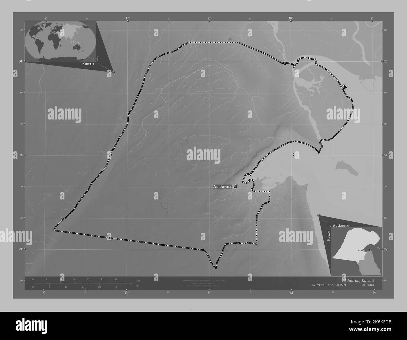 Al Jahrah, province of Kuwait. Grayscale elevation map with lakes and ...