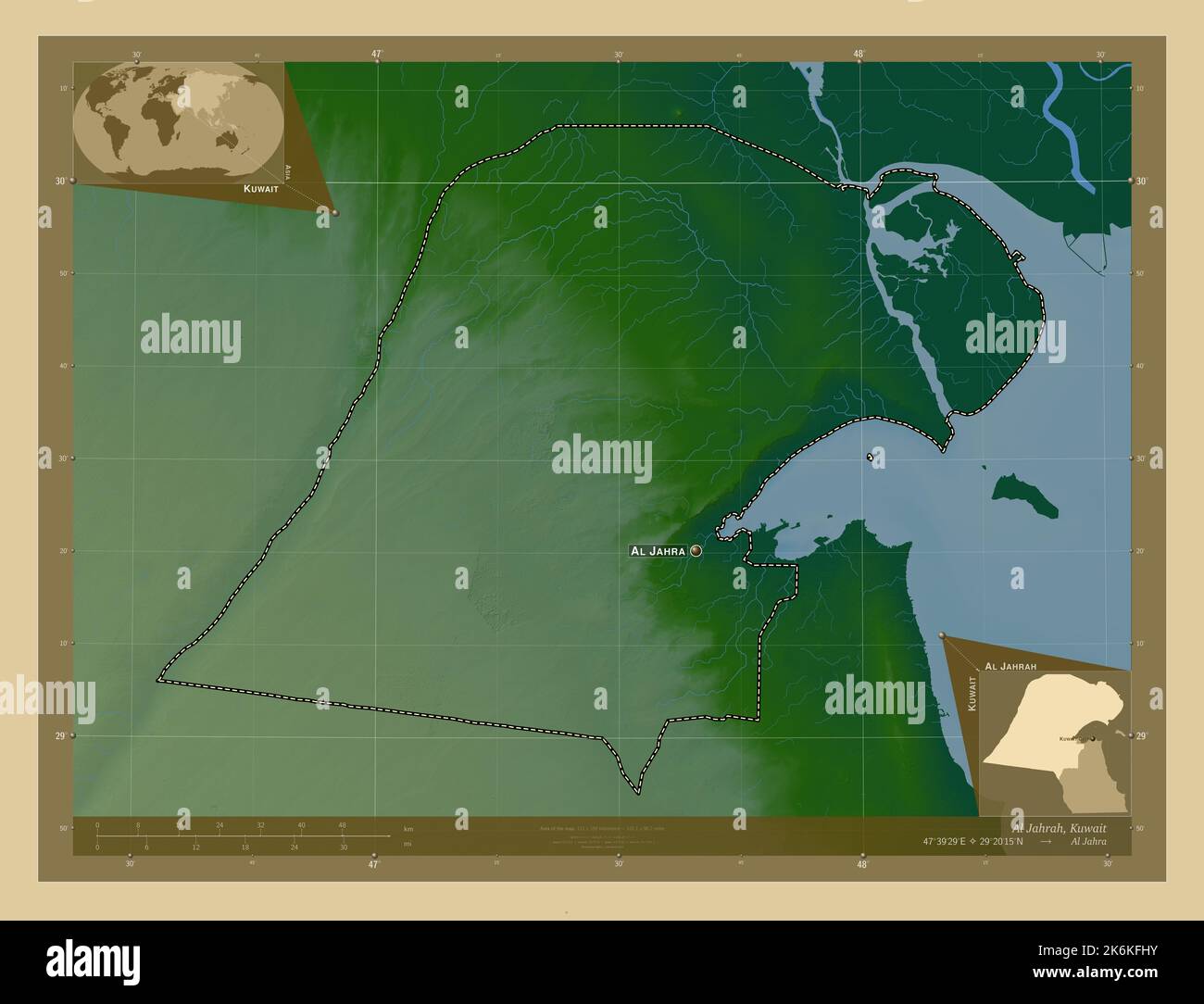 Al Jahrah, province of Kuwait. Colored elevation map with lakes and ...