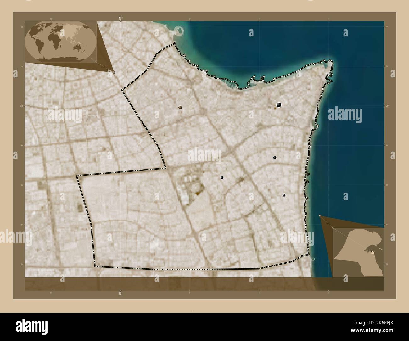 Hawalli, province of Kuwait. Low resolution satellite map. Locations of ...