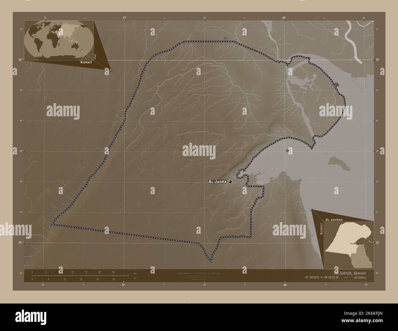 Al Jahrah, province of Kuwait. Elevation map colored in sepia tones ...