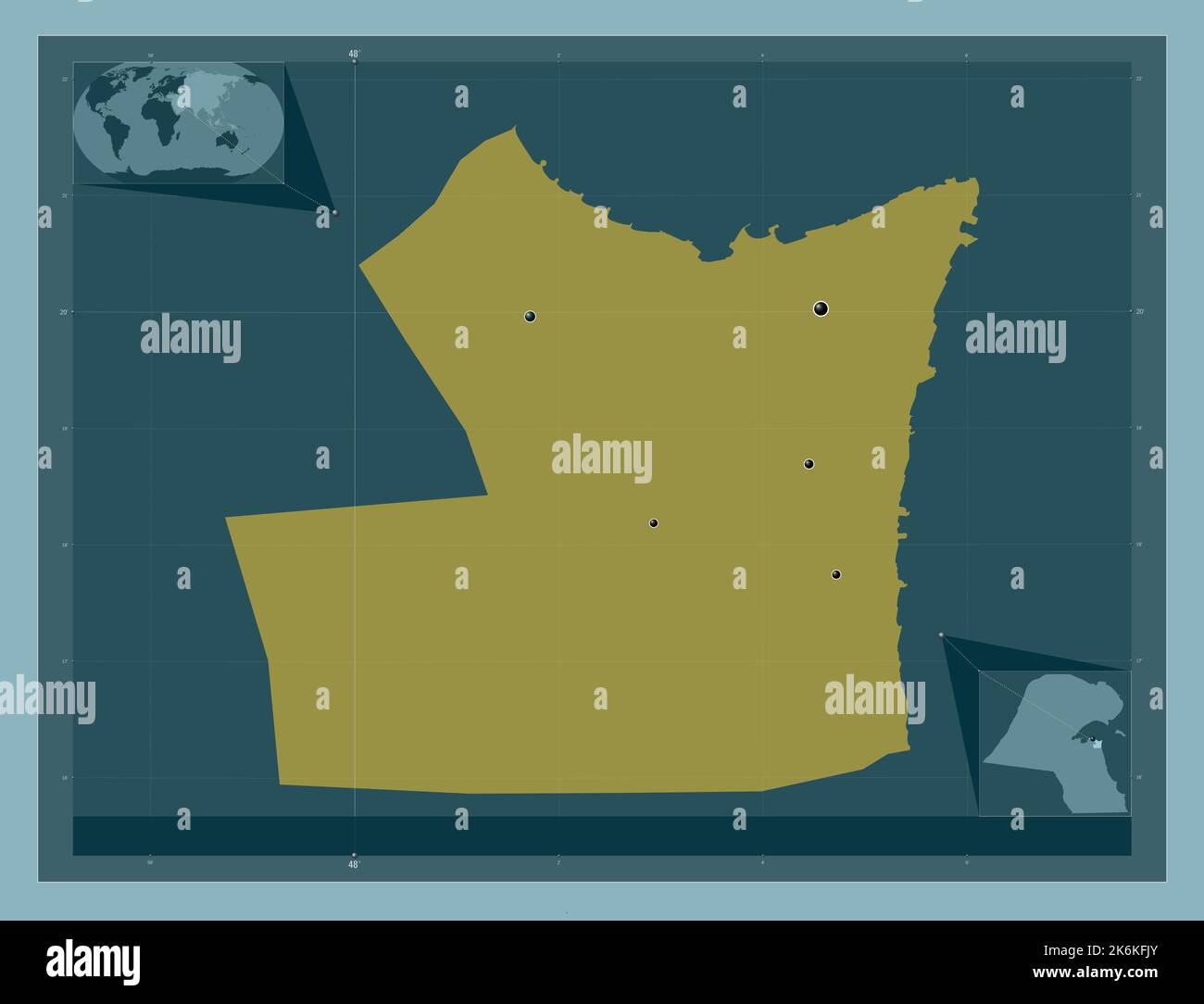 Hawalli, province of Kuwait. Solid color shape. Locations of major ...