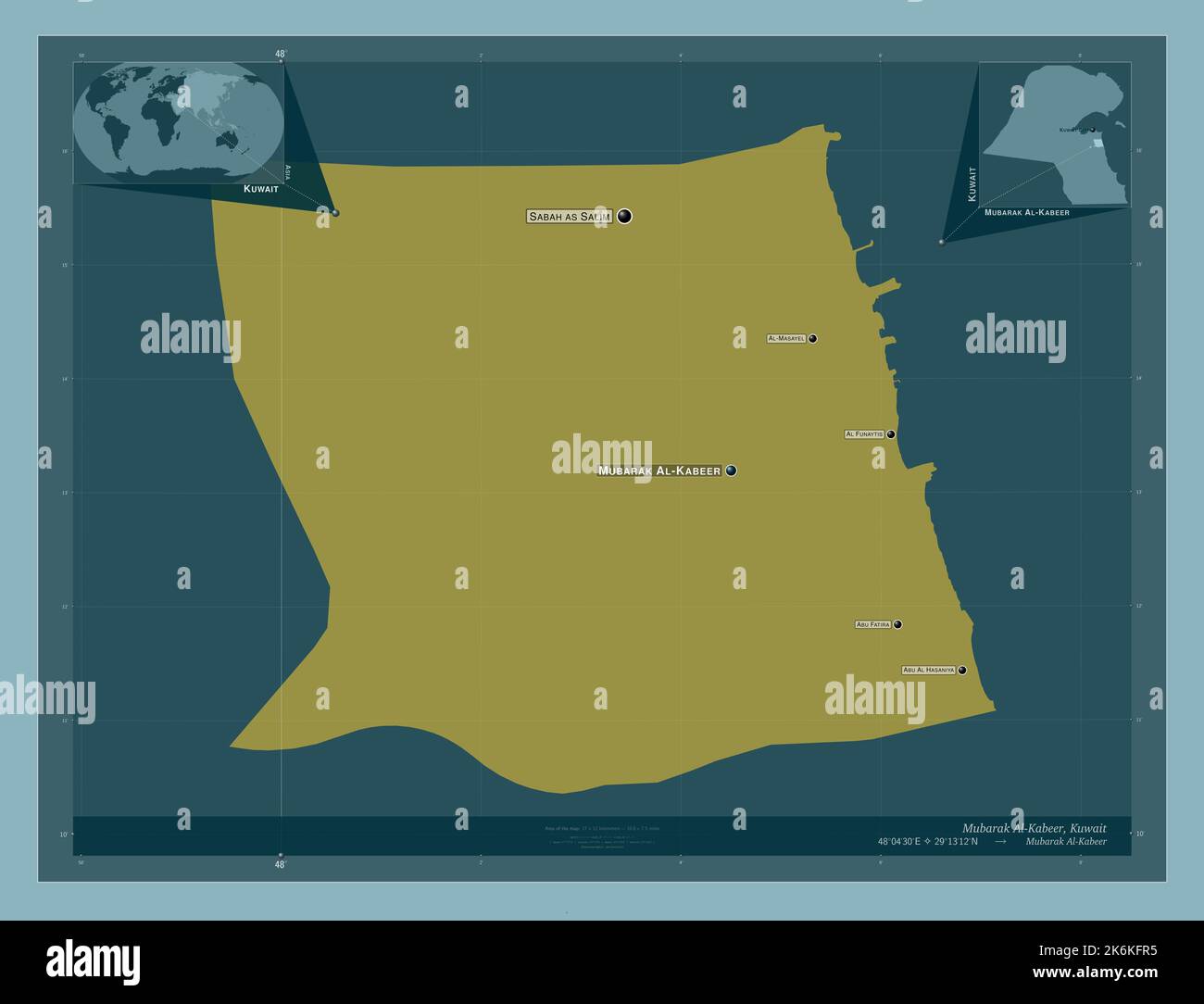 Mubarak Al-Kabeer, province of Kuwait. Solid color shape. Locations and ...