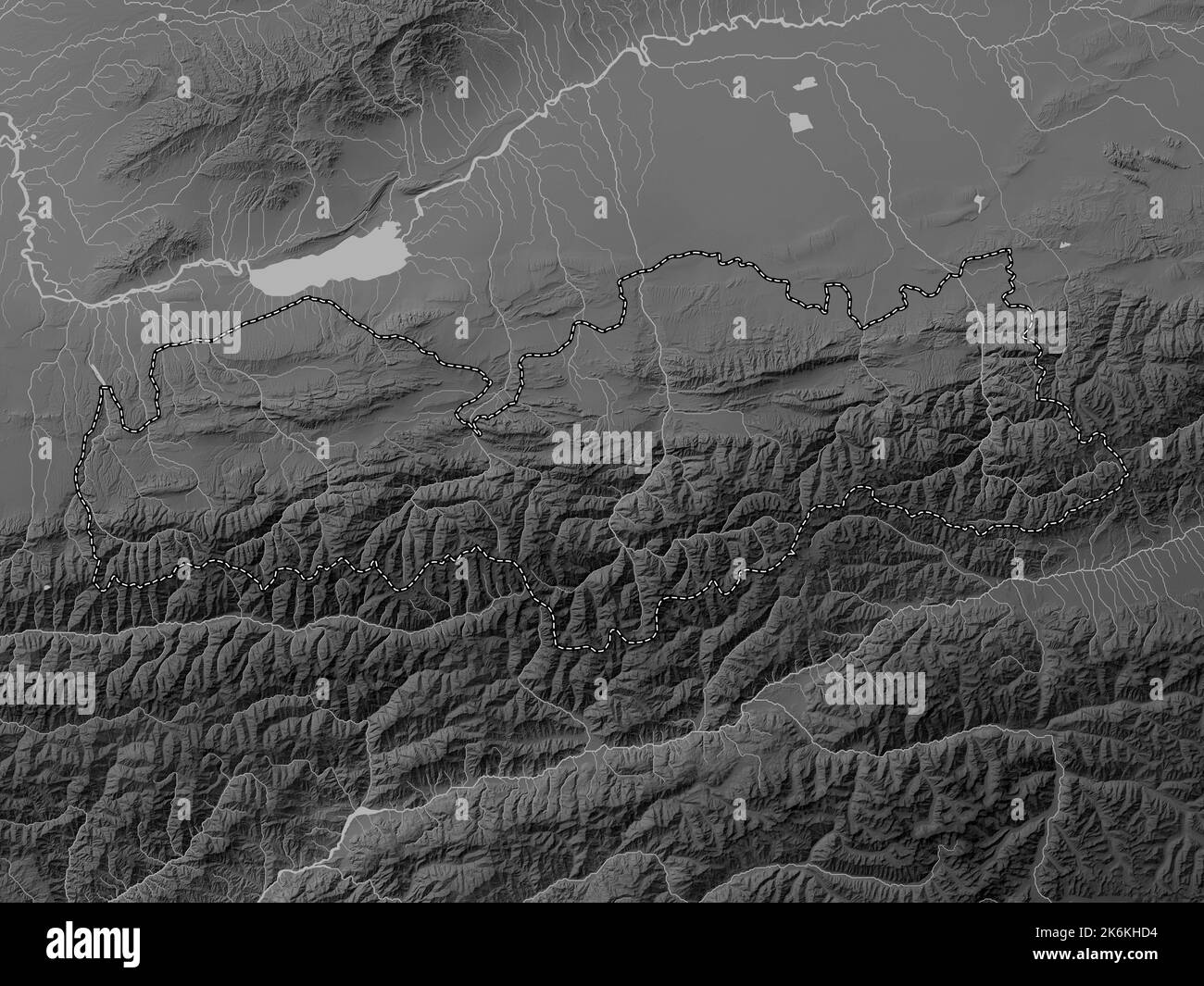 Batken, province of Kyrgyzstan. Grayscale elevation map with lakes and ...