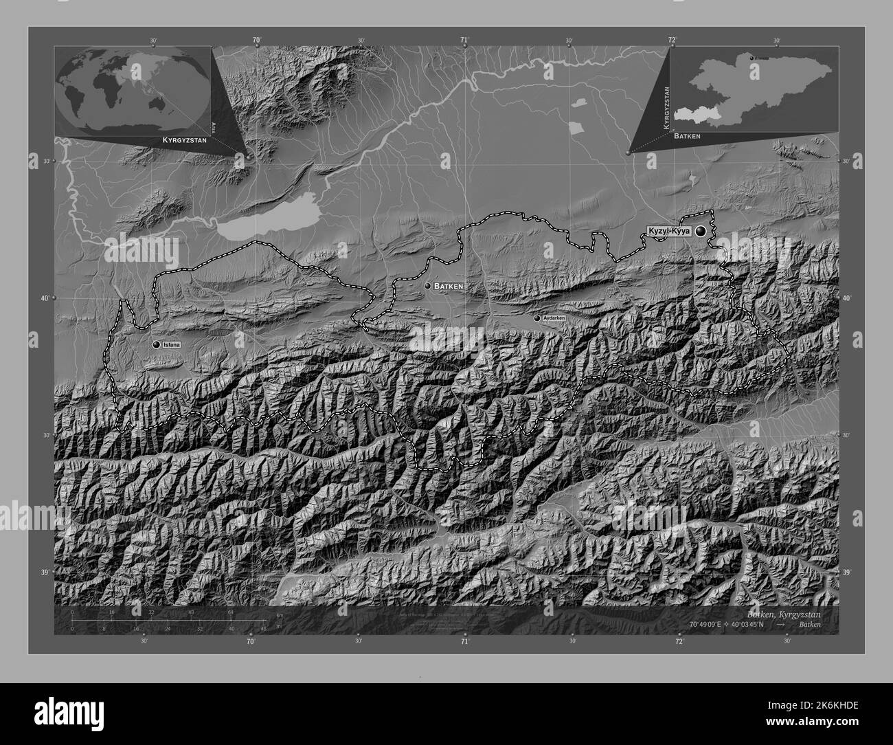 Batken, province of Kyrgyzstan. Bilevel elevation map with lakes and ...
