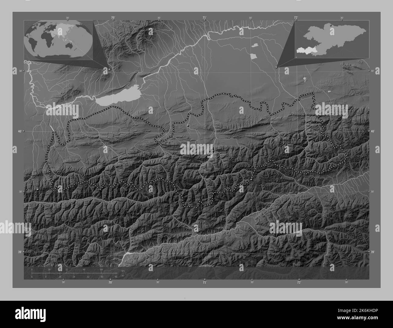 Batken, province of Kyrgyzstan. Grayscale elevation map with lakes and ...