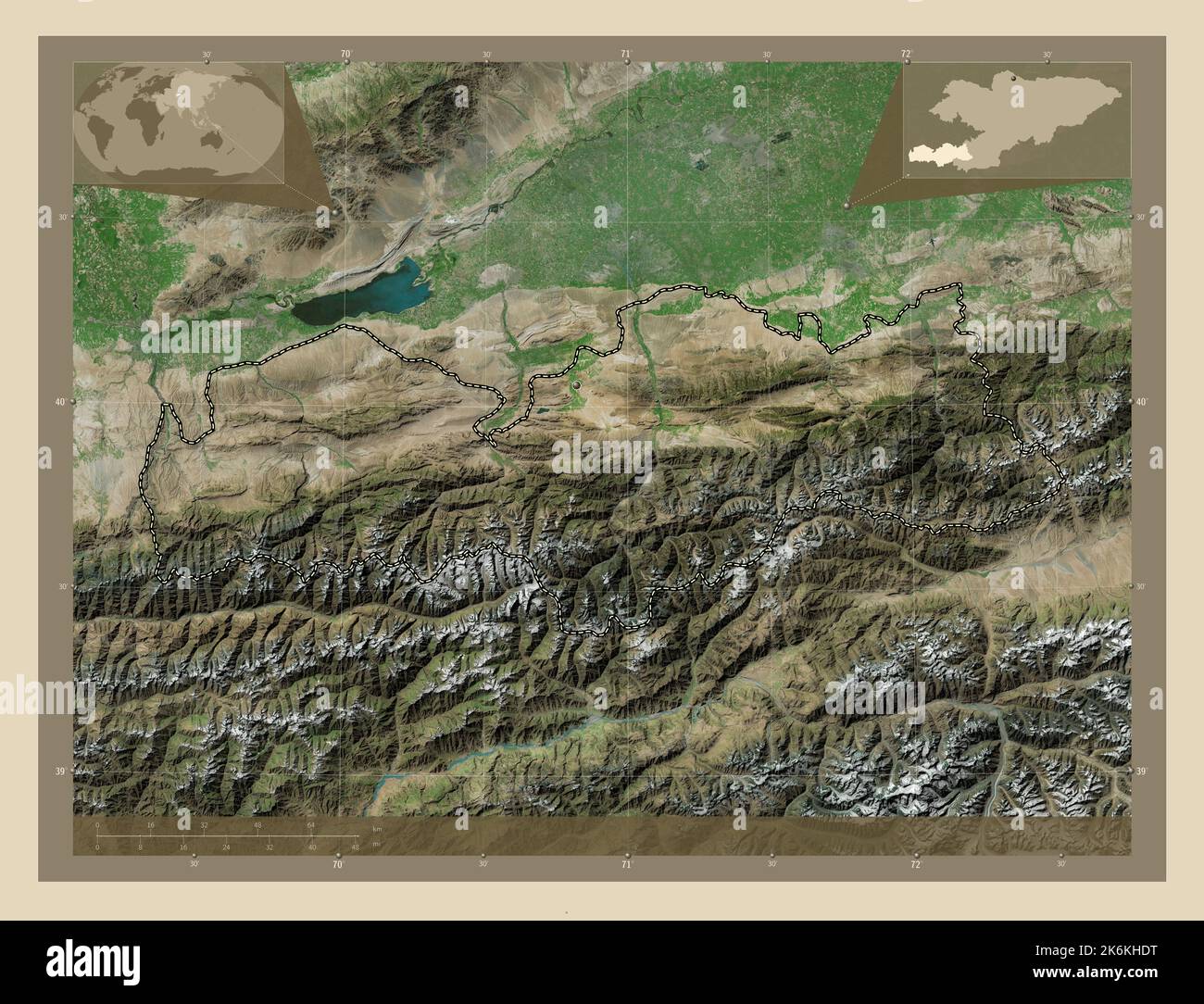 Batken, province of Kyrgyzstan. High resolution satellite map. Corner ...