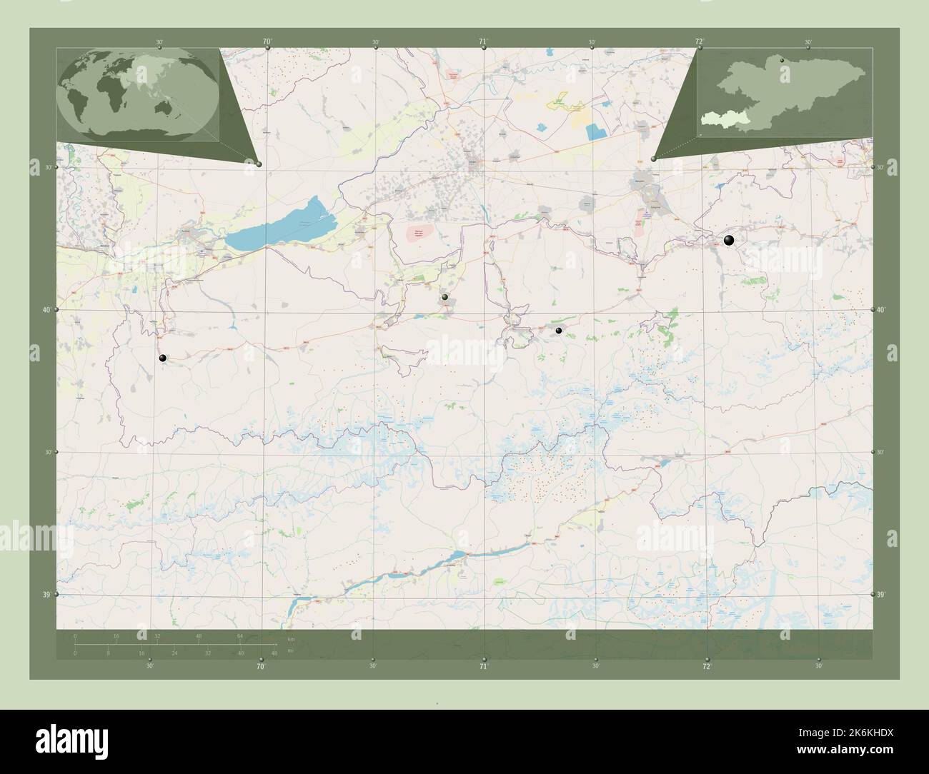 Batken, province of Kyrgyzstan. Open Street Map. Locations of major ...