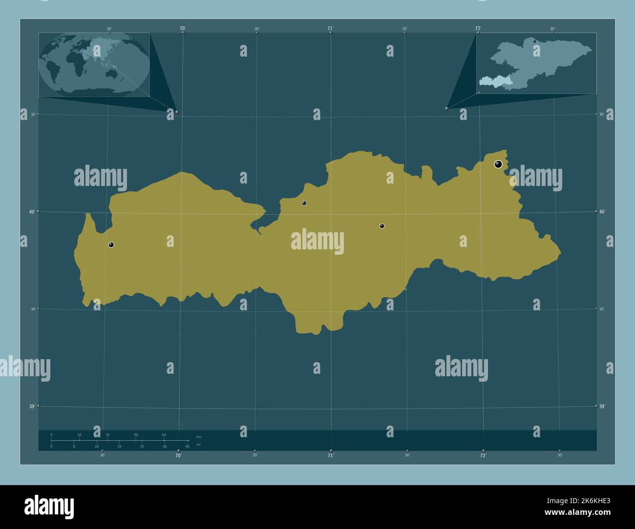 Batken, province of Kyrgyzstan. Solid color shape. Locations of major ...