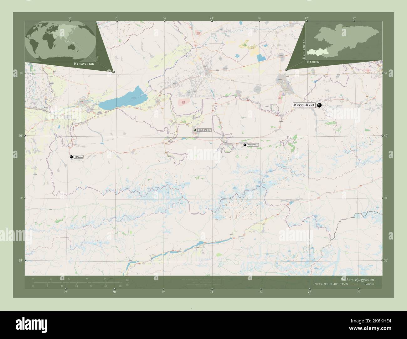 Batken, province of Kyrgyzstan. Open Street Map. Locations and names of ...
