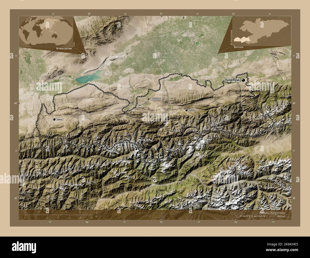 Batken, province of Kyrgyzstan. Low resolution satellite map. Locations ...