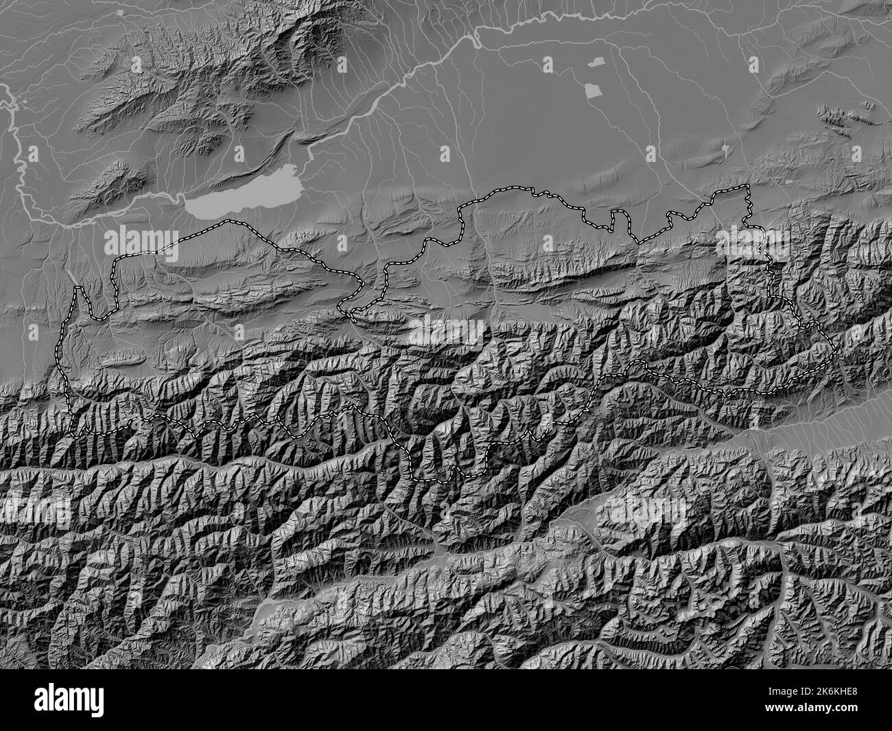 Batken, province of Kyrgyzstan. Bilevel elevation map with lakes and ...
