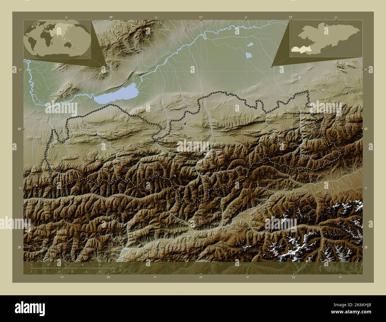 Batken, province of Kyrgyzstan. Elevation map colored in wiki style ...