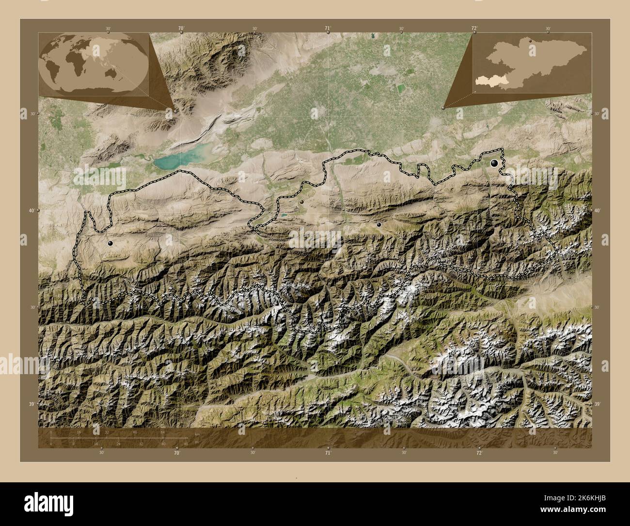 Batken, province of Kyrgyzstan. Low resolution satellite map. Locations ...