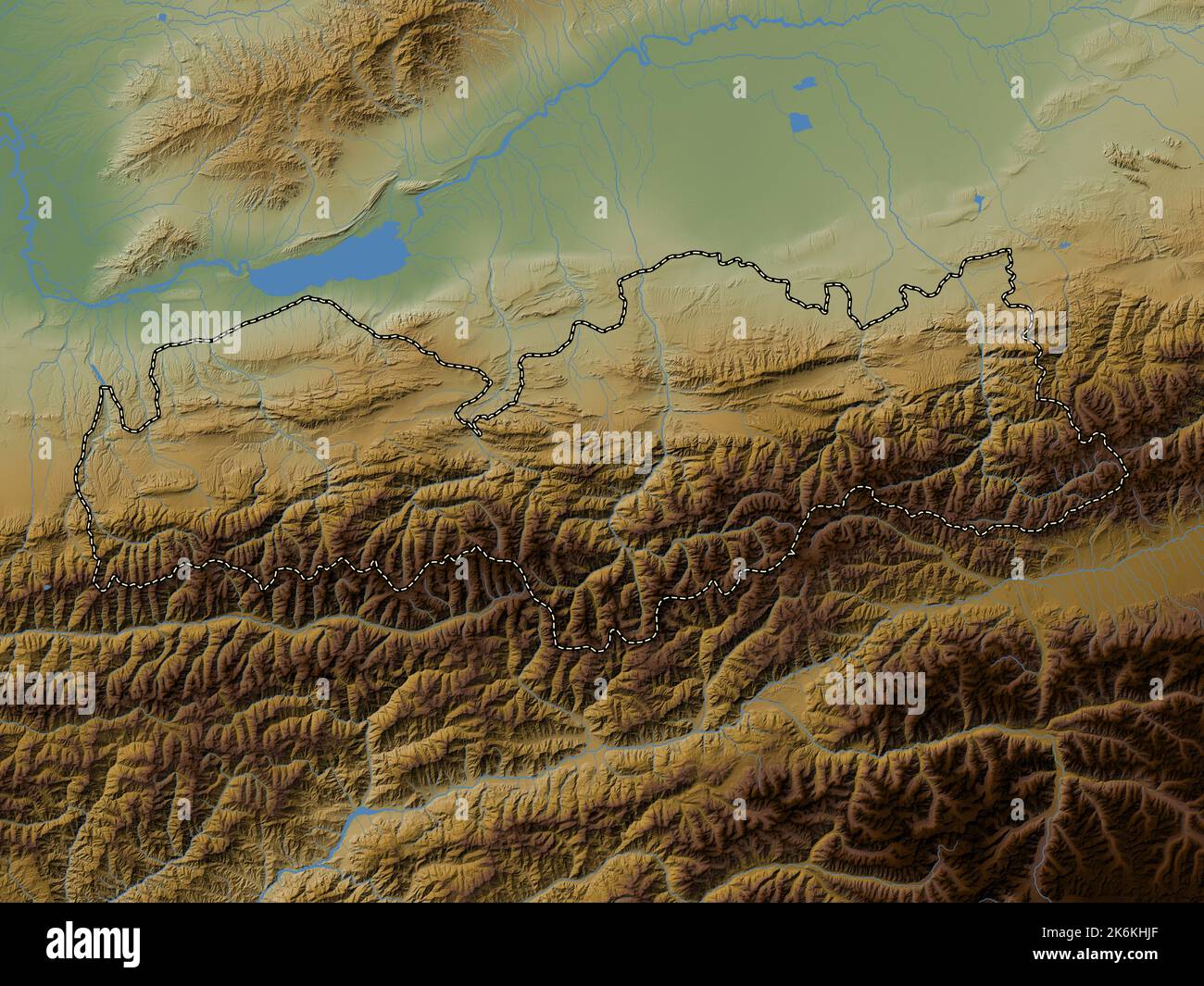 Batken, province of Kyrgyzstan. Colored elevation map with lakes and ...