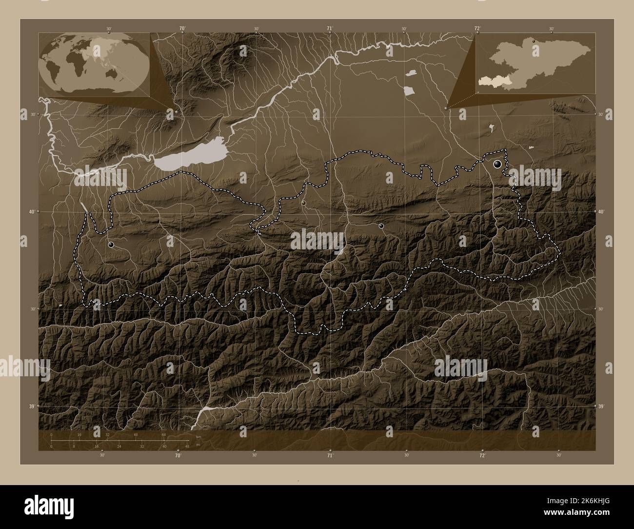 Batken, province of Kyrgyzstan. Elevation map colored in sepia tones ...