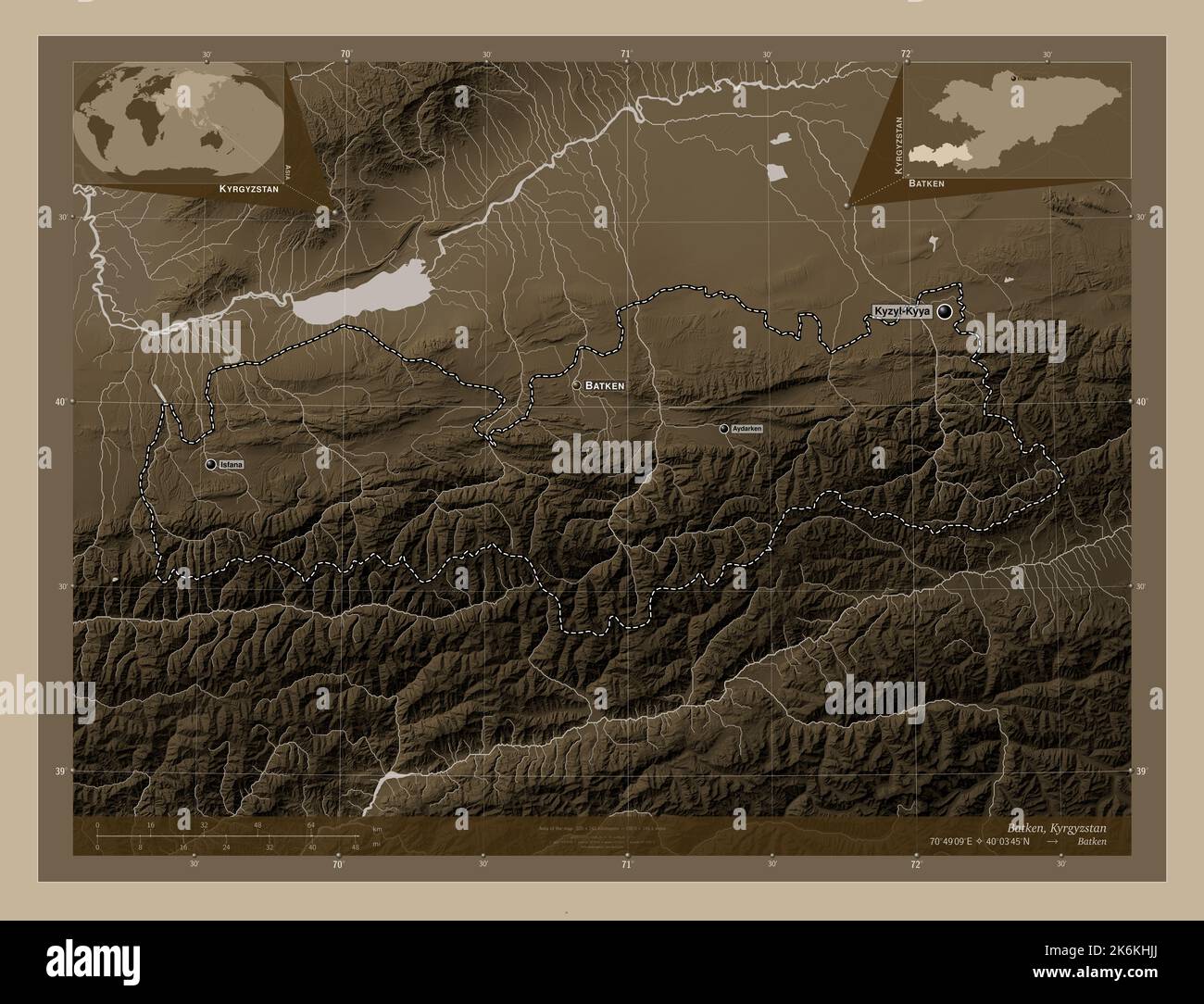 Batken, province of Kyrgyzstan. Elevation map colored in sepia tones ...