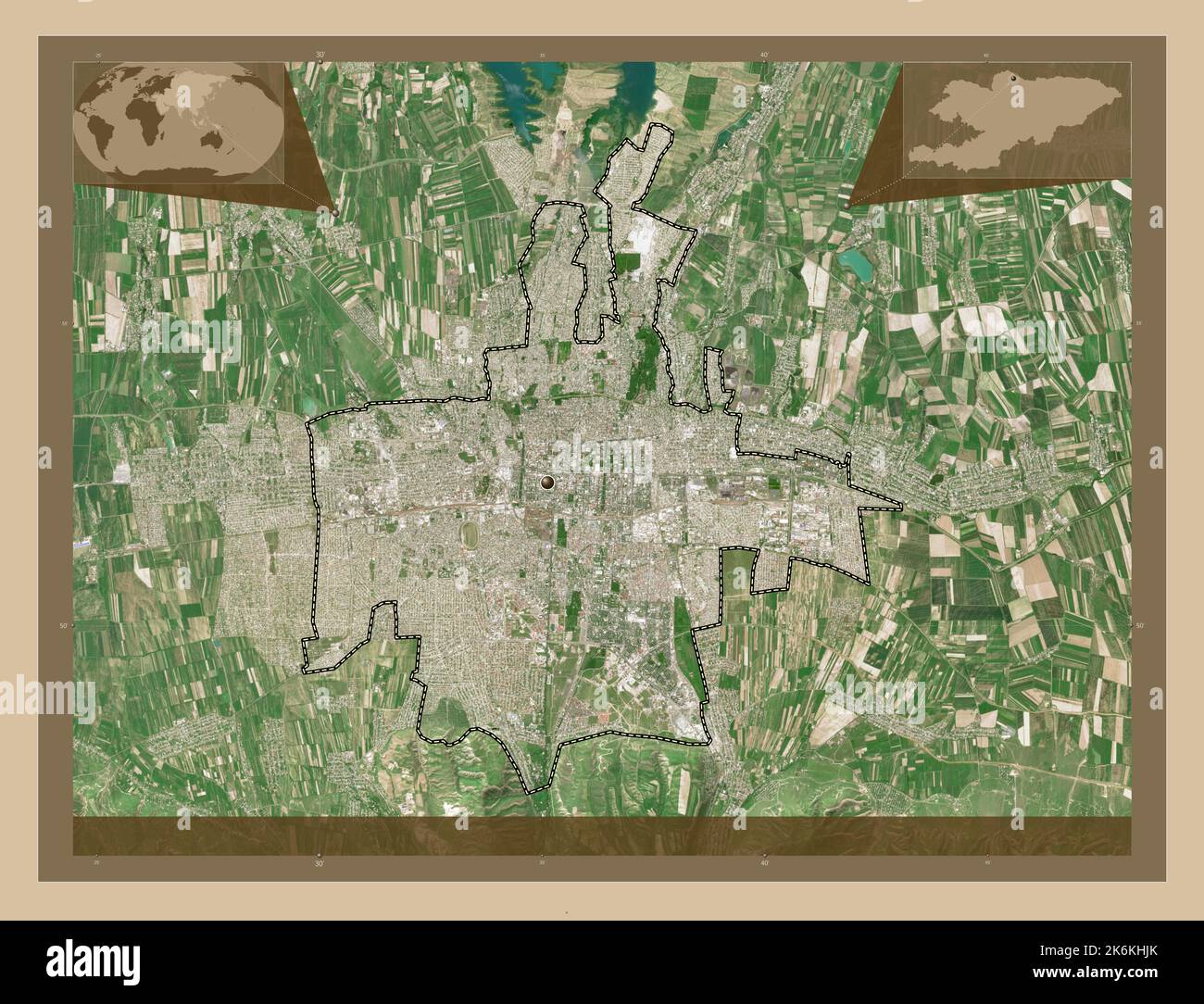 Biskek, city of Kyrgyzstan. Low resolution satellite map. Locations of ...