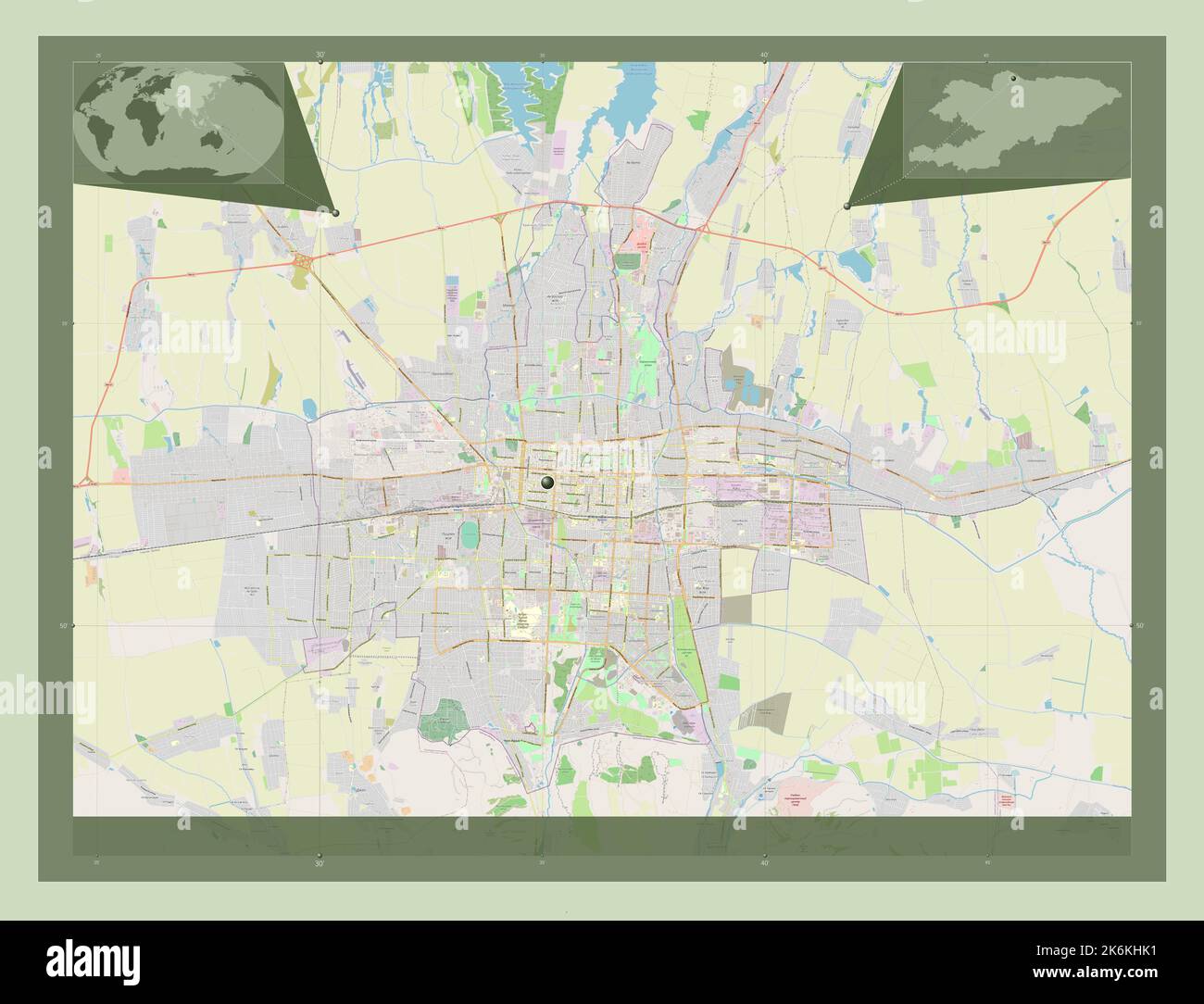Biskek, city of Kyrgyzstan. Open Street Map. Corner auxiliary location ...
