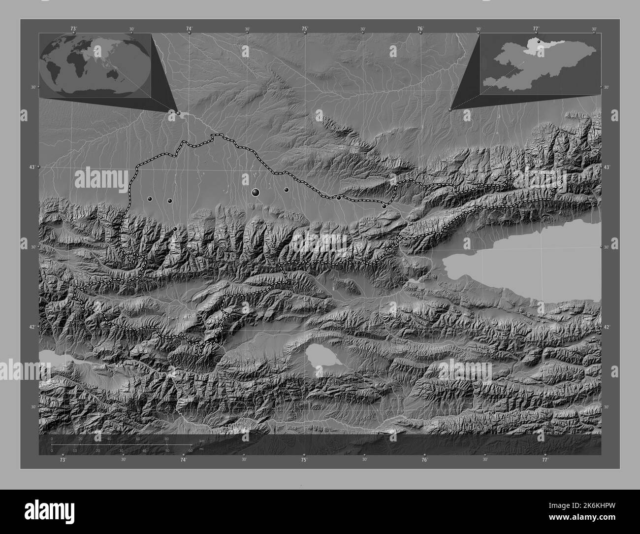 Chuy, province of Kyrgyzstan. Bilevel elevation map with lakes and ...