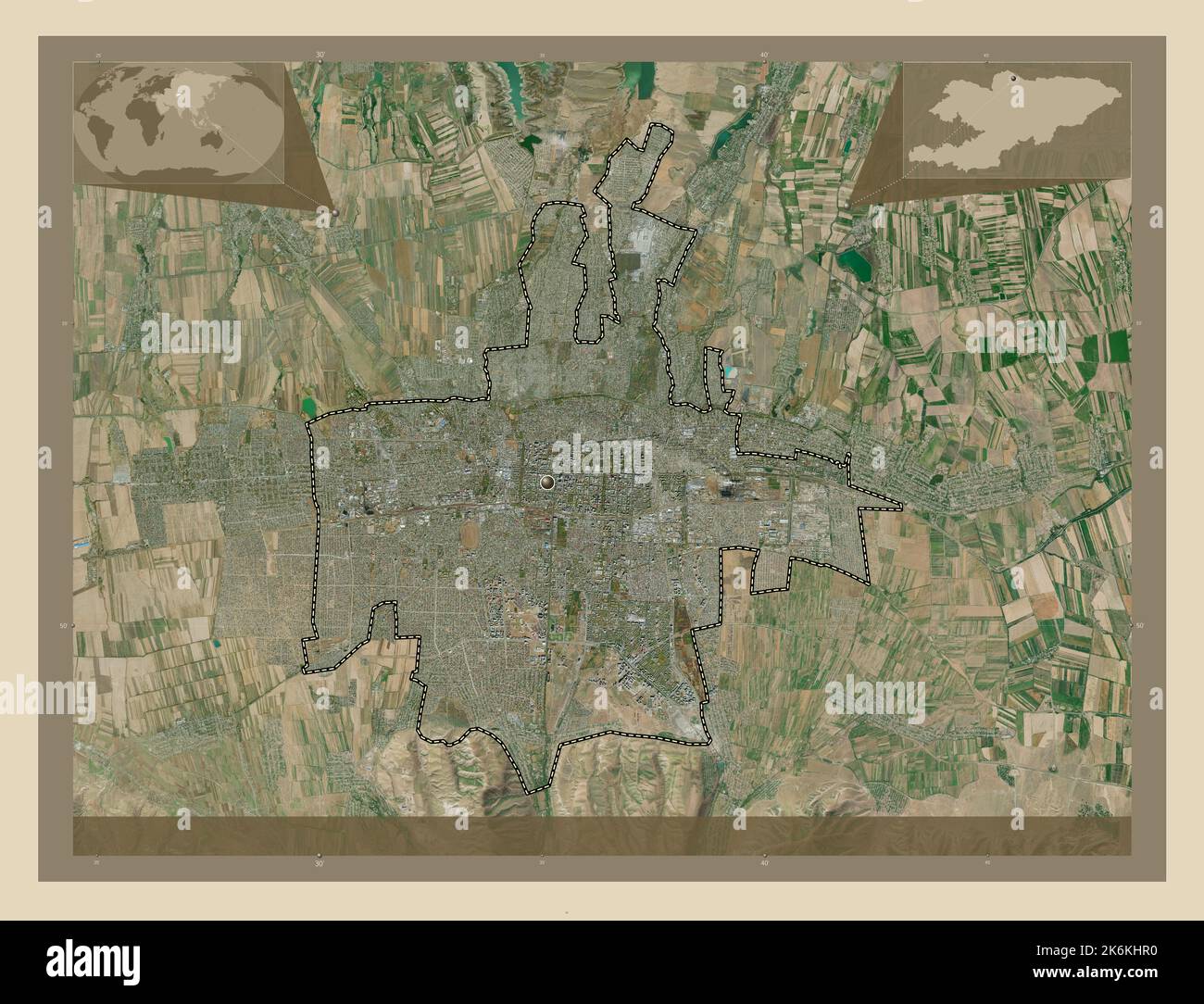 Biskek, city of Kyrgyzstan. High resolution satellite map. Locations of ...