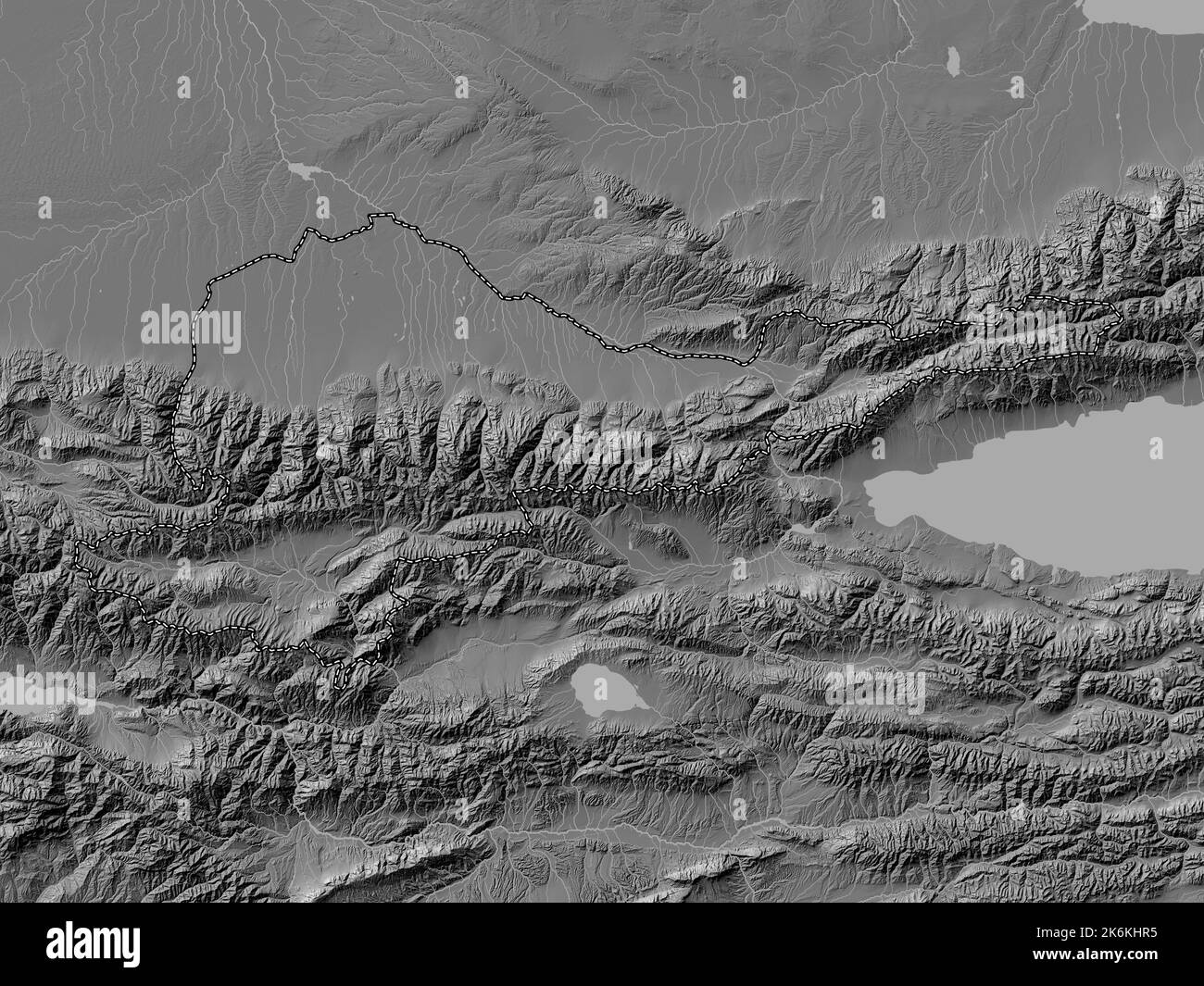 Chuy, province of Kyrgyzstan. Bilevel elevation map with lakes and ...