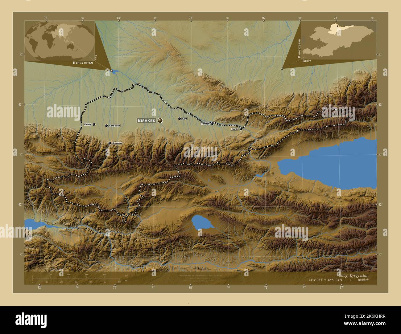 Chuy, province of Kyrgyzstan. Colored elevation map with lakes and ...