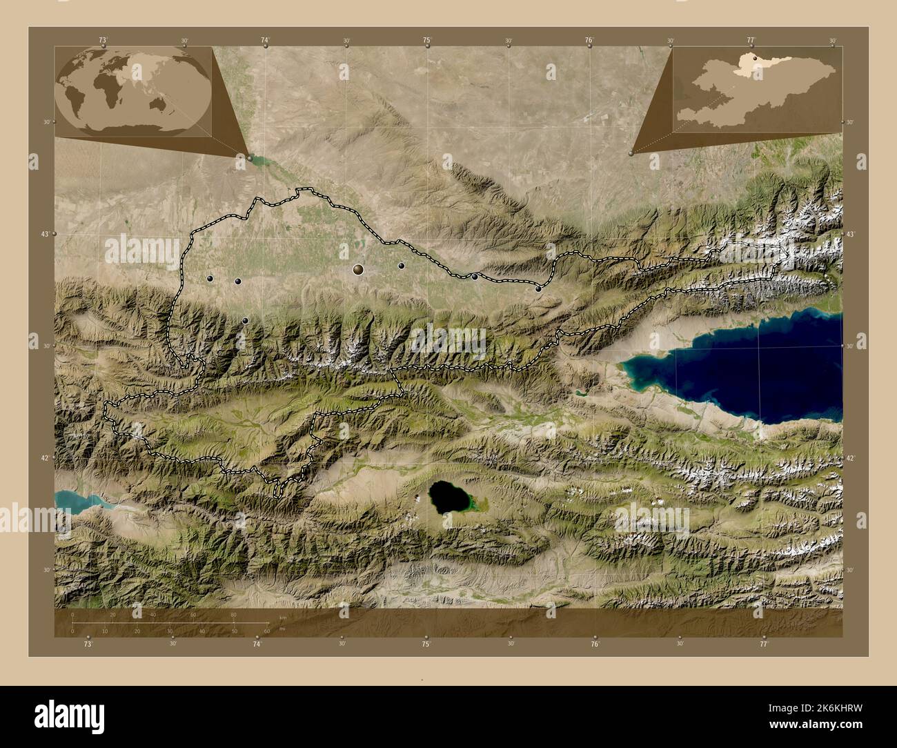Chuy, province of Kyrgyzstan. Low resolution satellite map. Locations ...