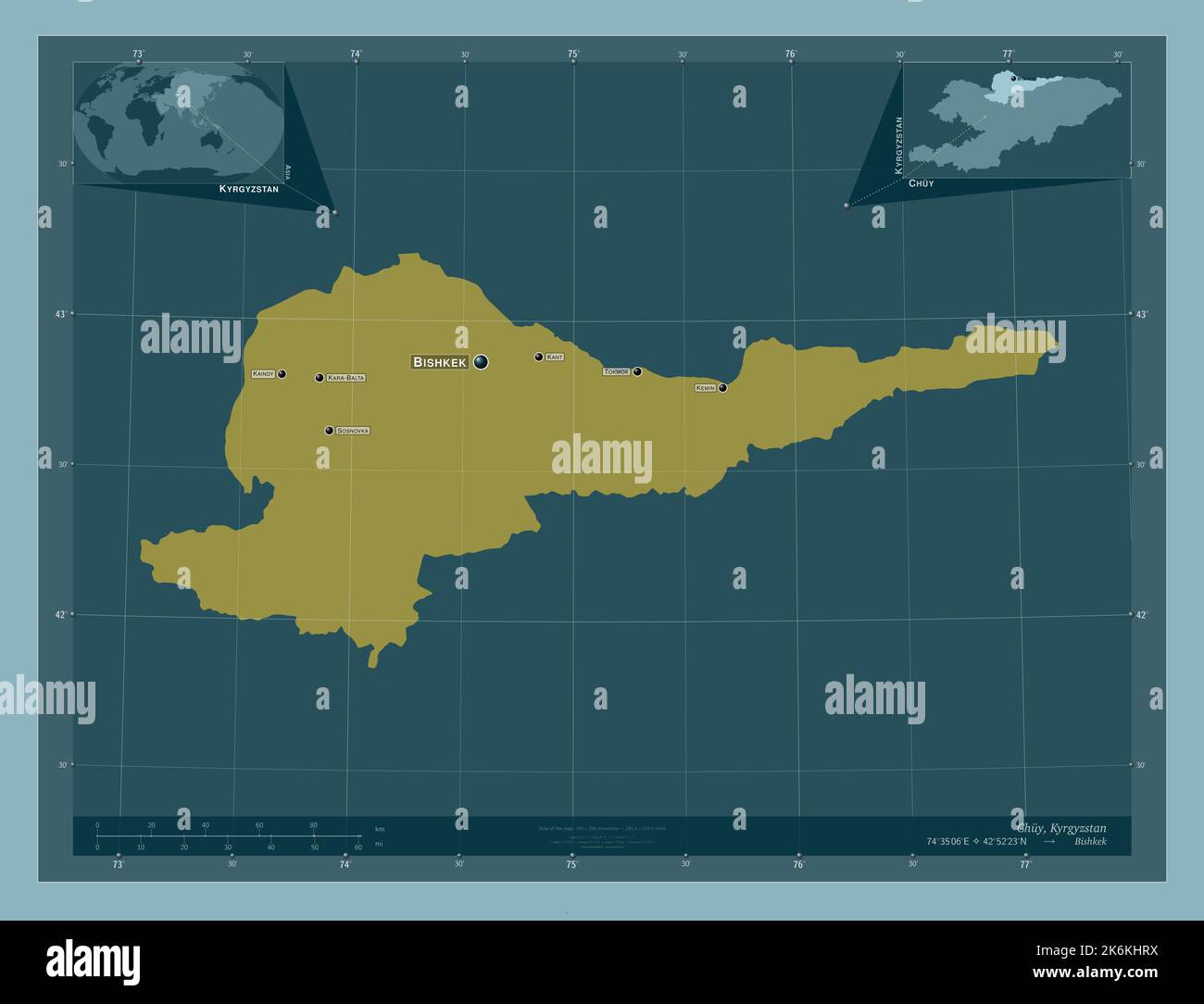 Chuy, province of Kyrgyzstan. Solid color shape. Locations and names of ...