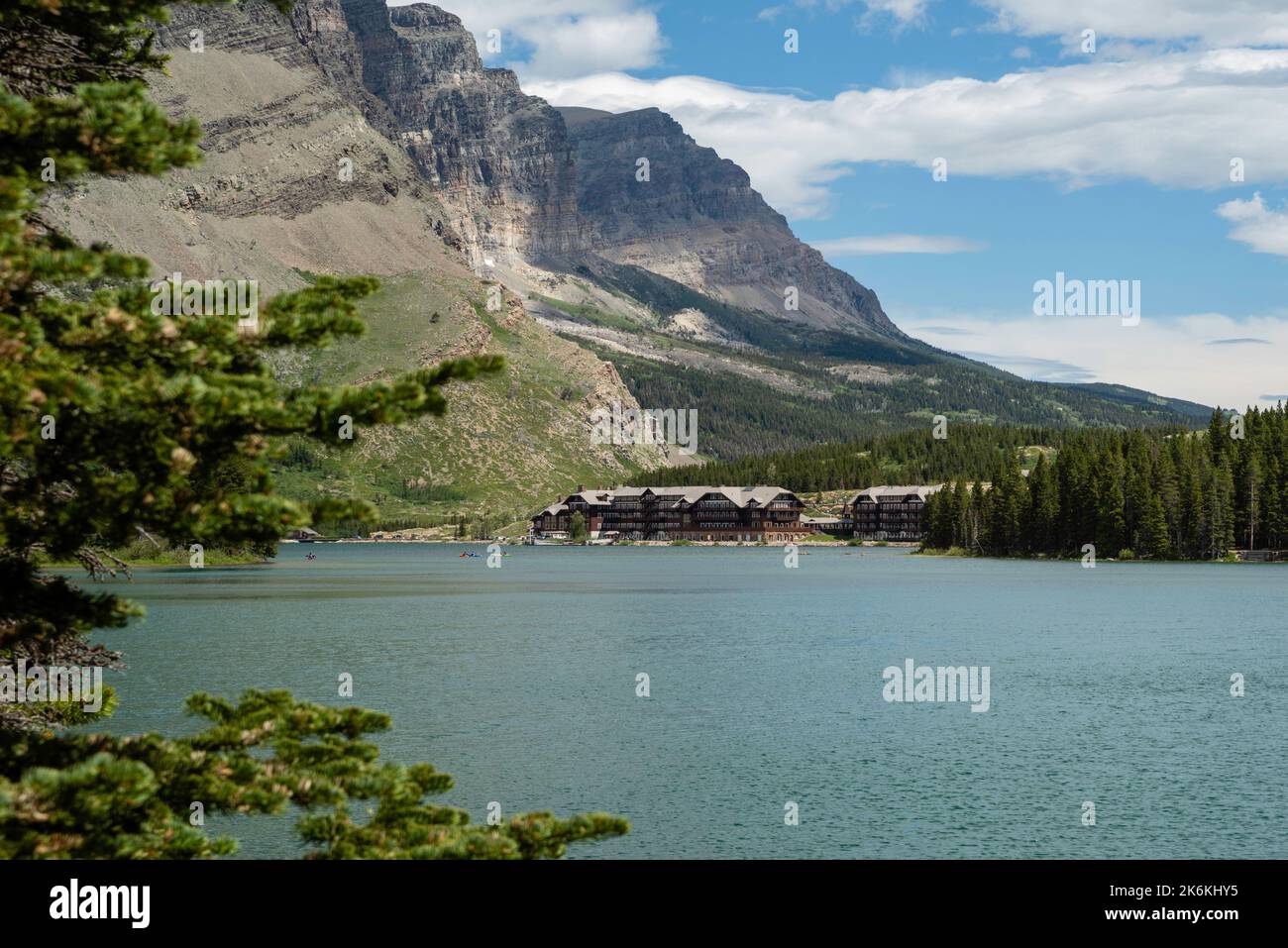 Photograph of the Many Glacier Hotel from the far side of Swiftcurrent ...