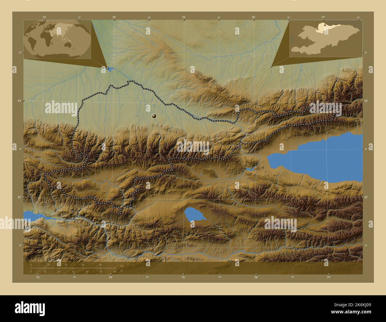 Chuy, province of Kyrgyzstan. Colored elevation map with lakes and ...