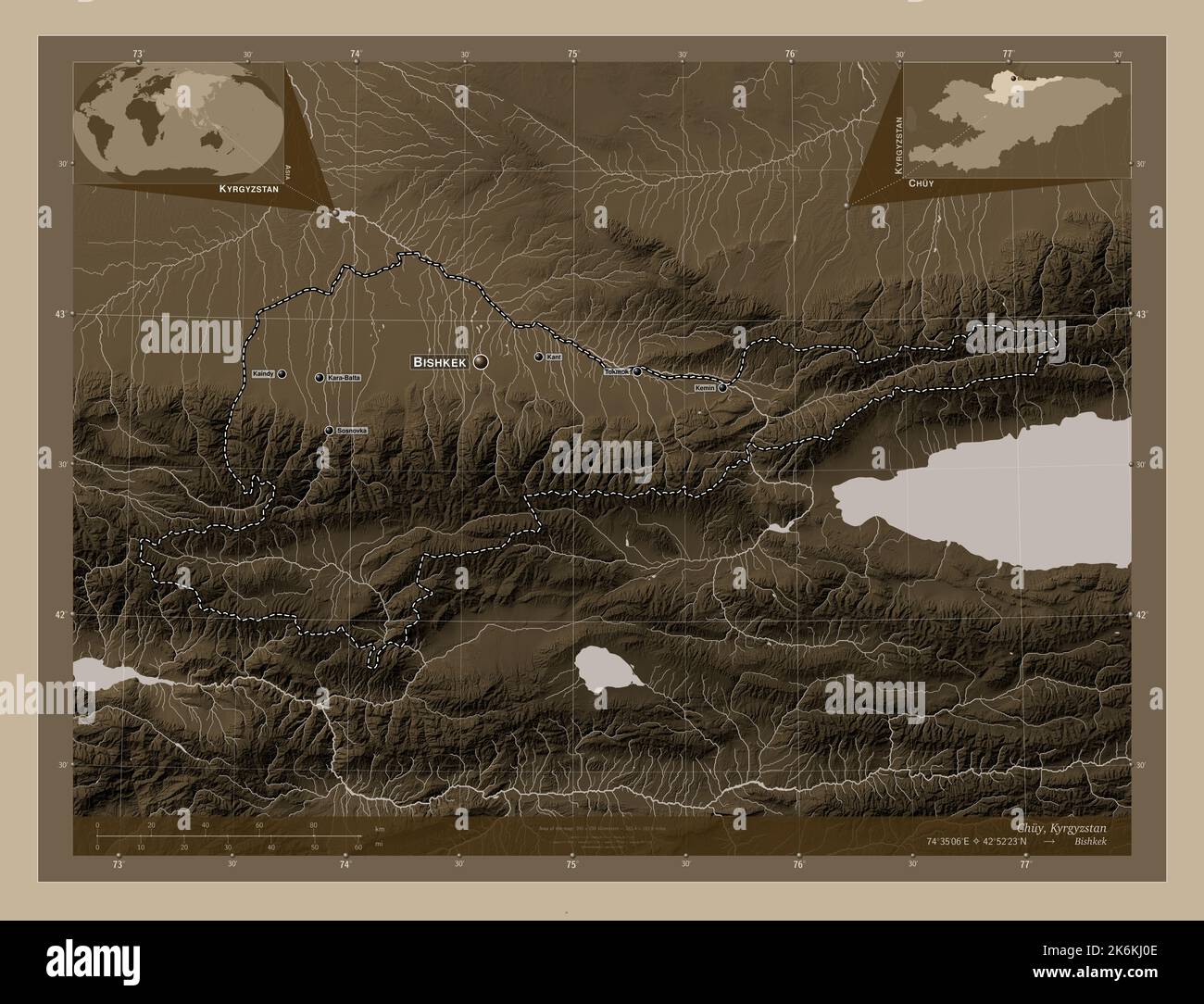 Chuy, province of Kyrgyzstan. Elevation map colored in sepia tones with ...