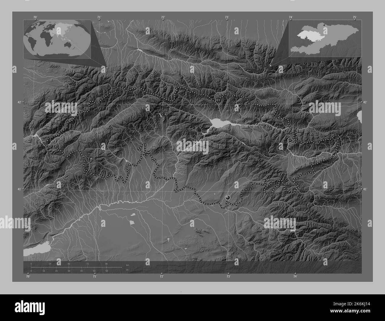 Jalal-Abad, province of Kyrgyzstan. Grayscale elevation map with lakes ...