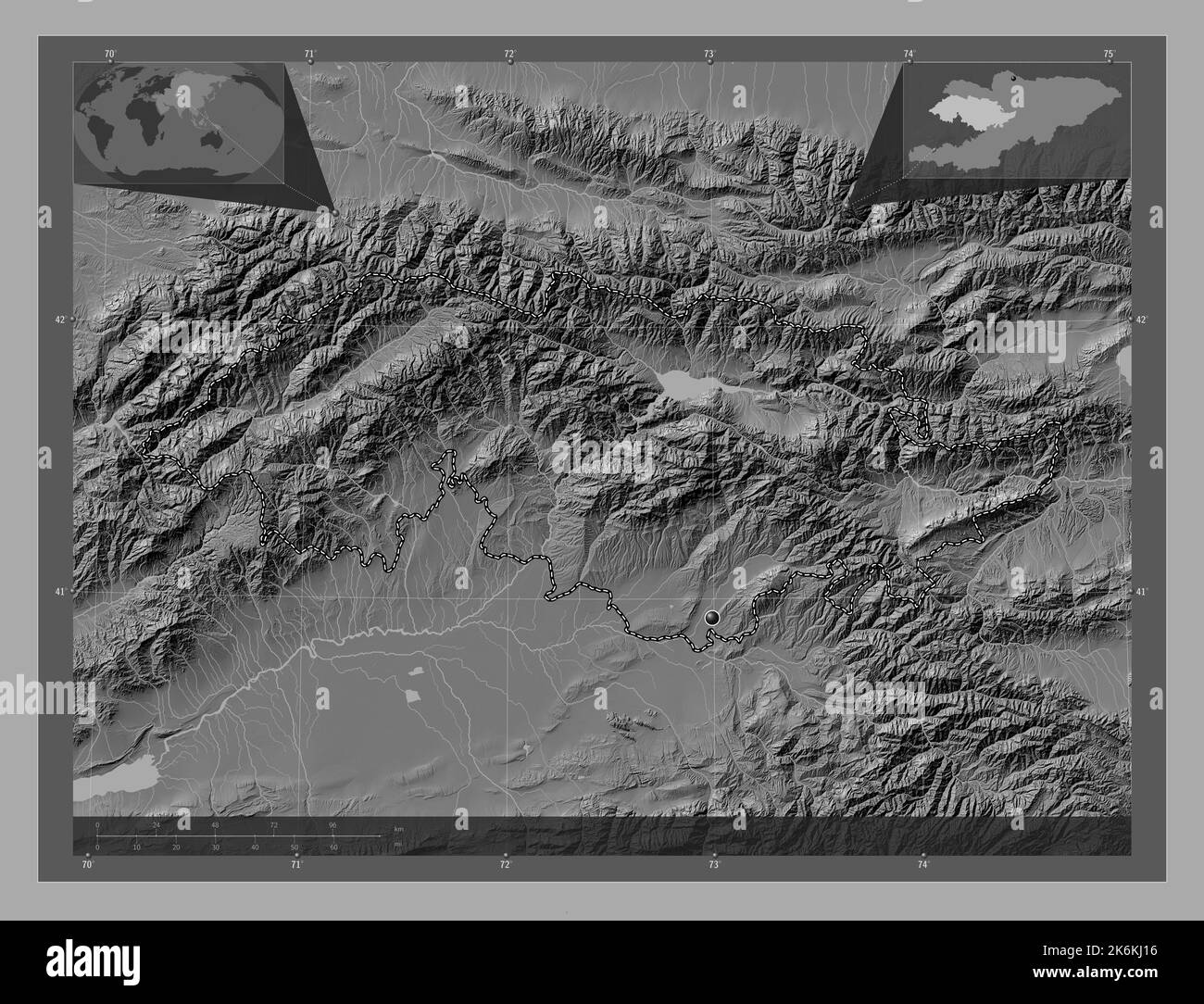 Jalal-Abad, province of Kyrgyzstan. Bilevel elevation map with lakes ...