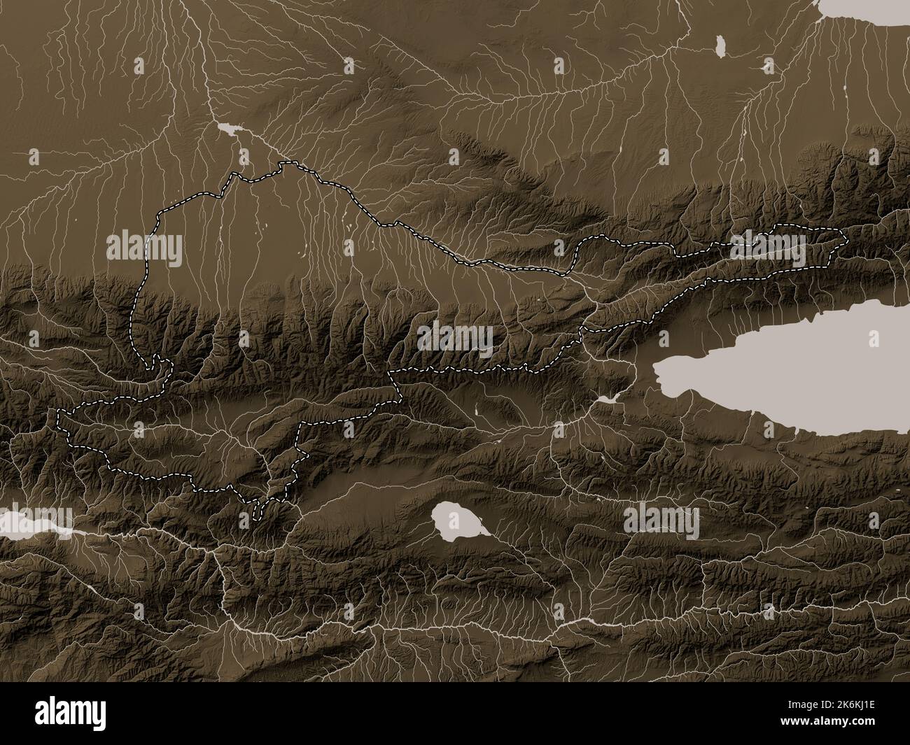 Chuy, province of Kyrgyzstan. Elevation map colored in sepia tones with ...