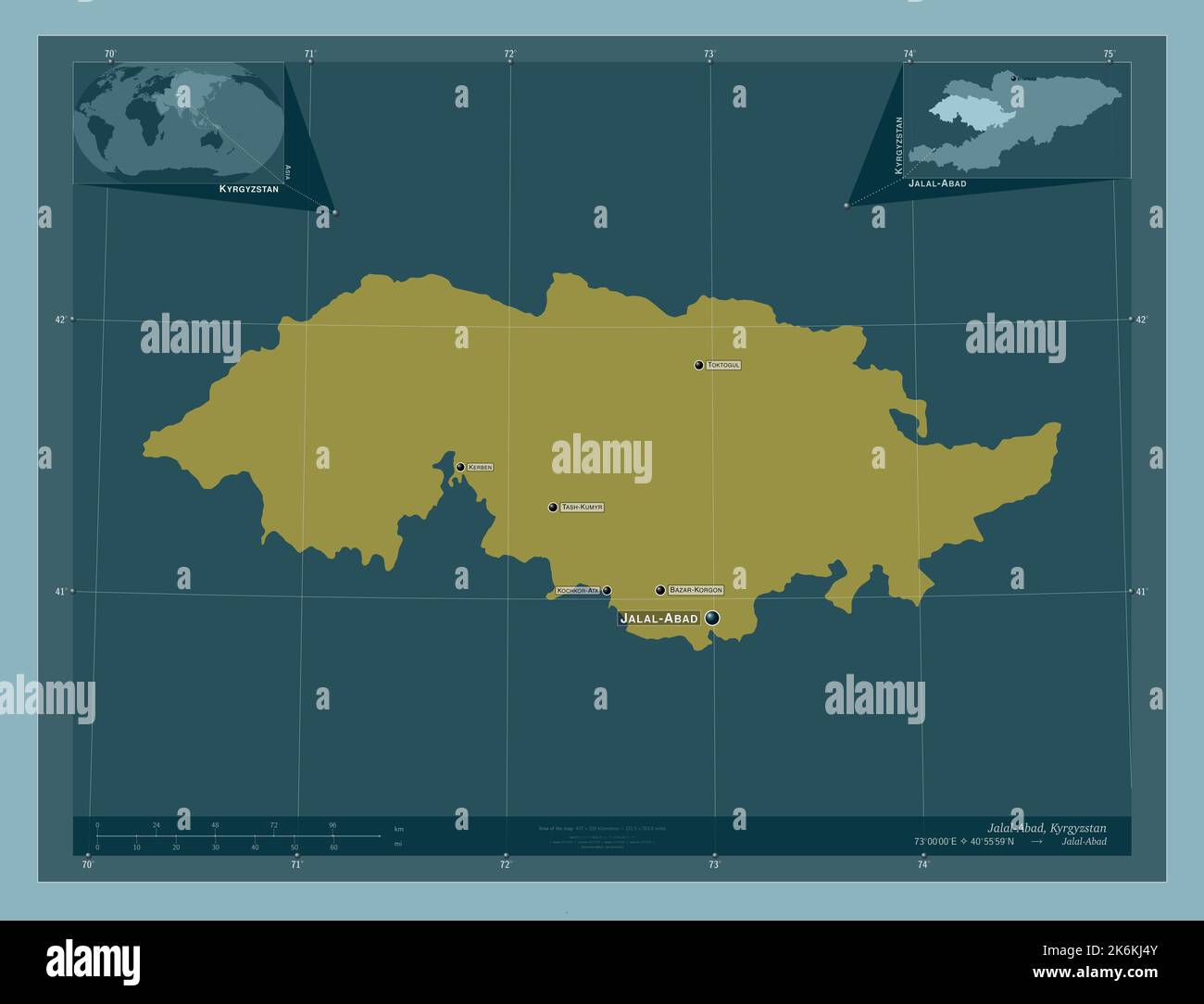 Jalal-Abad, province of Kyrgyzstan. Solid color shape. Locations and ...
