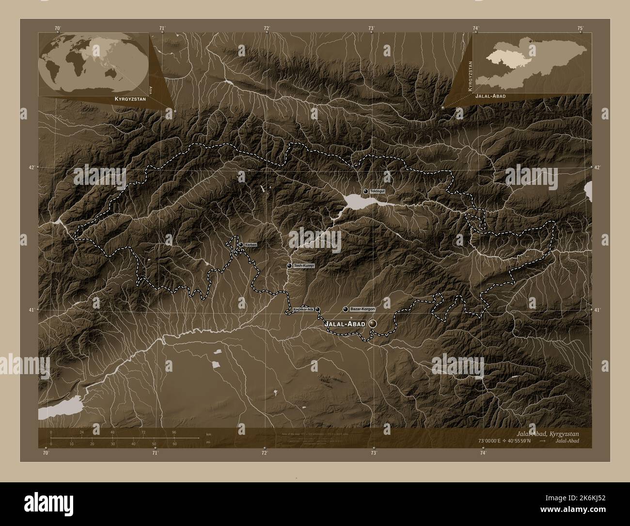 Jalal-Abad, province of Kyrgyzstan. Elevation map colored in sepia ...