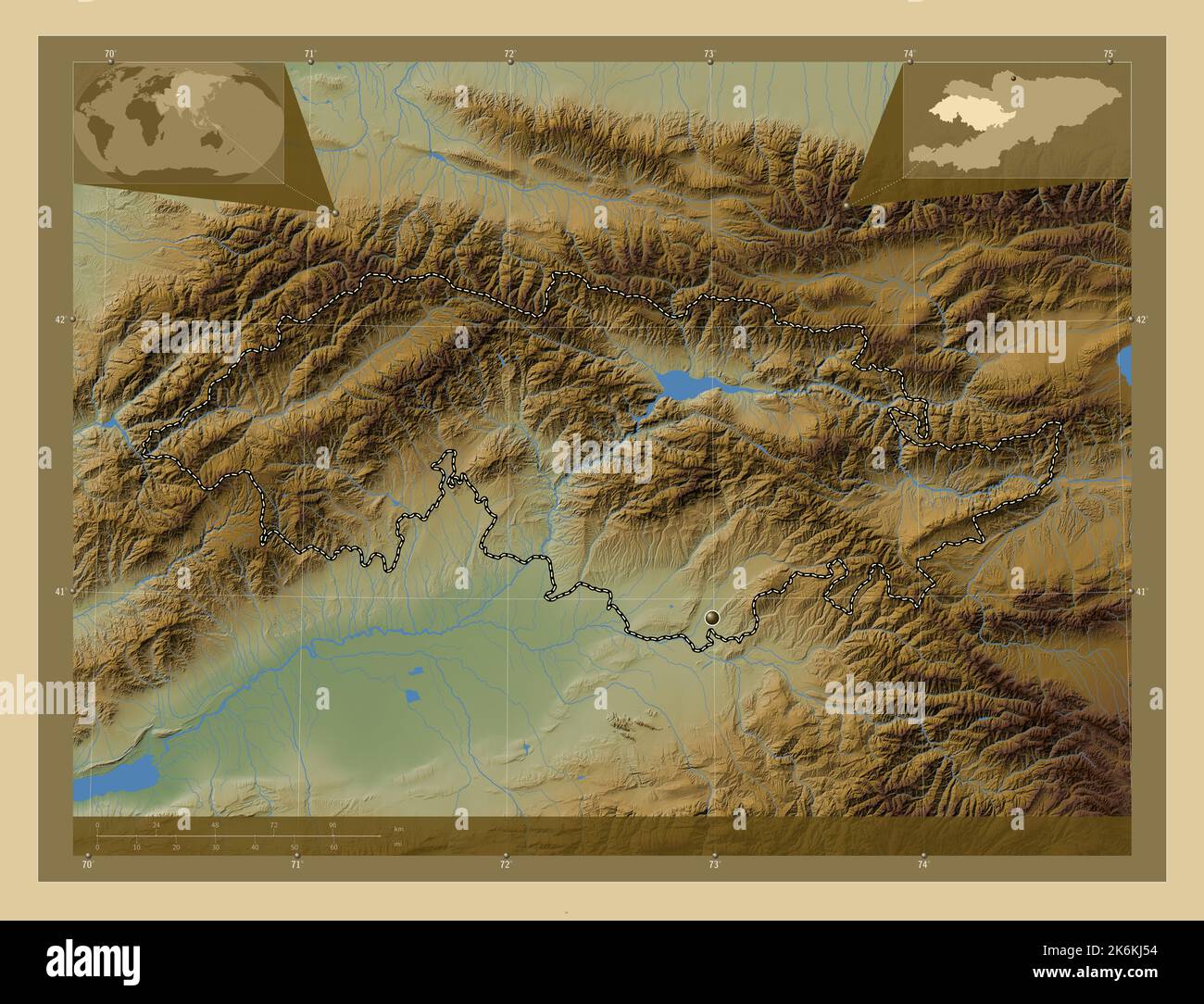 Jalal-Abad, province of Kyrgyzstan. Colored elevation map with lakes ...